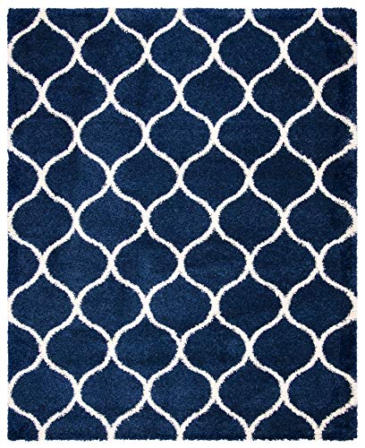 SAFAVIEH Hudson Shag Collection Area Rug - 8' x 10', Navy & Ivory, Moroccan Ogee Trellis Design, Non-Shedding & Easy Care, 2-inch Thick Ideal for High Traffic Areas in Living Room, Bedroom (SGH280C)