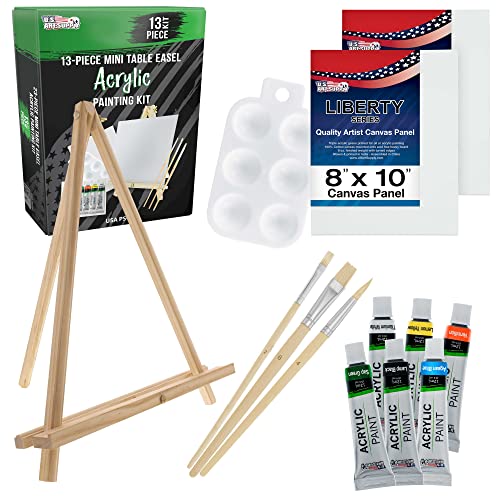 U.S. Art Supply 13-Piece Artist Painting Set with 6 Vivid Acrylic Paint Colors, 12" Easel, 2 Canvas Panels, 3 Brushes, Painting Palette - Fun Children, Kids School, Students, Beginners Starter Art Kit