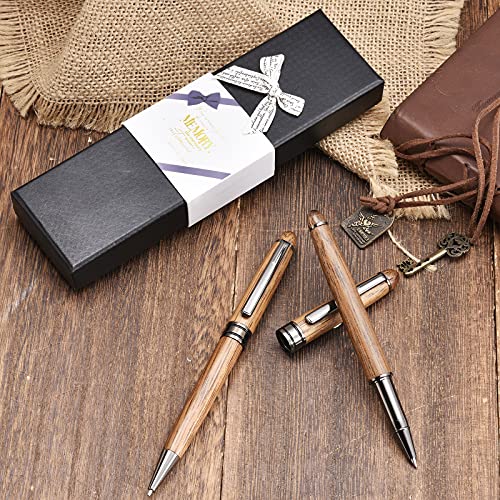 Glovion Wooden Ballpoint Pen Set 2 Pack, Fancy Luxury Gel Rollerball Writing Pens for Men Nice Wood Pen with Gift Case Extra 4 Refills(Blue and Black) Business Ink Pen Signatures Writer Journaler