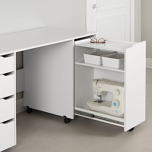 South Shore Crea Craft Table on Wheels with Sliding Shelf, Storage Drawers and Scratchproof Surface, Pure White