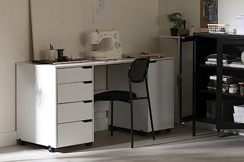 South Shore Crea Craft Table on Wheels with Sliding Shelf, Storage Drawers and Scratchproof Surface, Pure White