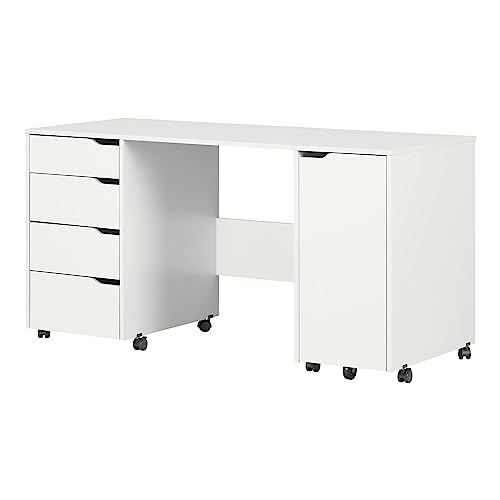 South Shore Crea Craft Table on Wheels with Sliding Shelf, Storage Drawers and Scratchproof Surface, Pure White