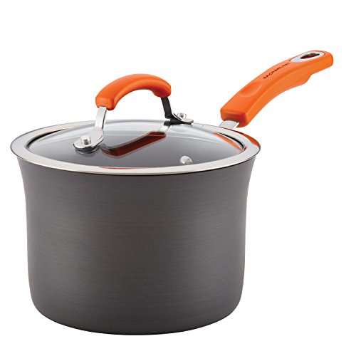 Rachael Ray Brights Hard Anodized Nonstick Sauce Pan/Saucepan with Lid, 3 Quart, Gray with orange handles