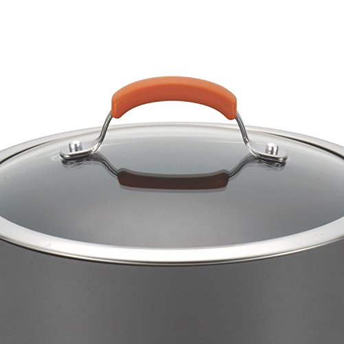 Rachael Ray Brights Hard Anodized Nonstick Sauce Pan/Saucepan with Lid, 3 Quart, Gray with orange handles