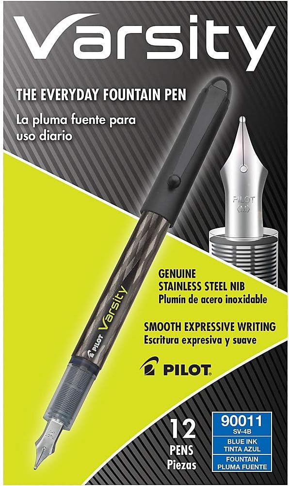 Pilot Varsity Disposable Fountain Pen - Meduim Pen Point Type - Blue Ink - Silver Black Barrel - 1 Each