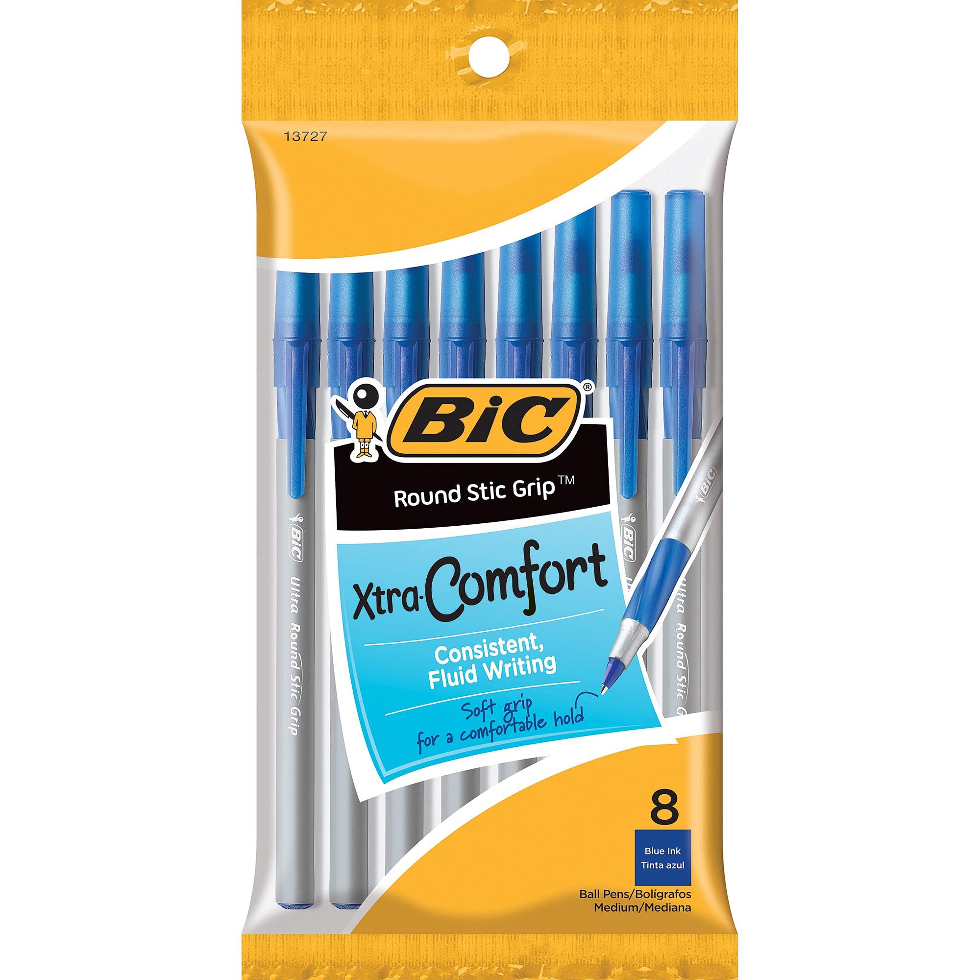 BIC Round Stic Grip Xtra Comfort Ballpoint Pen, Medium Point (1.2mm), Blue, 8-Count