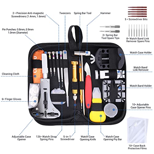 Watch Repair Kit, Ohuhu 192 PCS UPGRADED Heavy Duty Watch Link Removal Battery Replacement Band Tool Kit, Watch Back Remover Tool Professional Watch Repair Opener Tools with PU Leather Bag User Manual