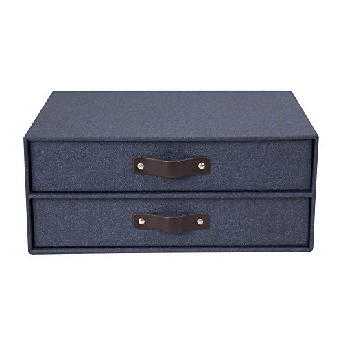 Bigso Birger 2-Drawer Canvas Fiberboard Easy Pull Handle Document Letter Box, 5.7 x 13 x 9.8 in, Blue