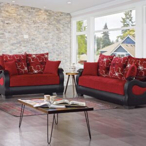 BEYAN Pittsburgh Collection Modern Convertible Storage Loveseat with Ample Storage Space, Includes 2 Pillows, Red/Black