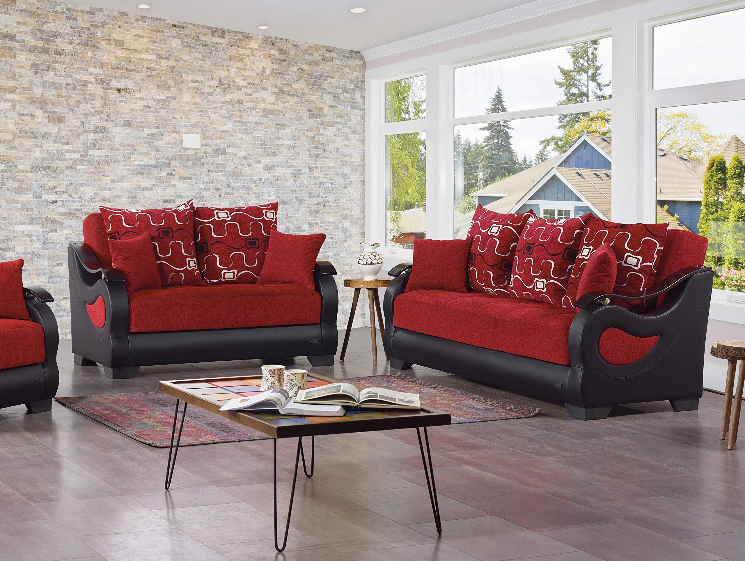 BEYAN Pittsburgh Collection Modern Convertible Storage Loveseat with Ample Storage Space, Includes 2 Pillows, Red/Black