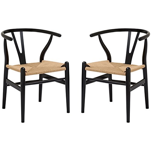 Poly and Bark Weave Modern Wooden Mid-Century Dining Chair, Hemp Seat, Black (Set of 2)