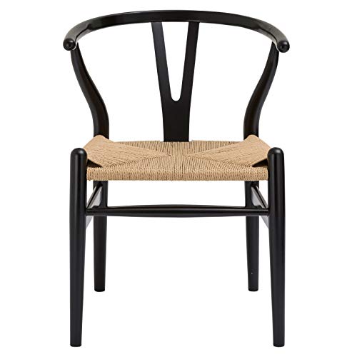 Poly and Bark Weave Modern Wooden Mid-Century Dining Chair, Hemp Seat, Black (Set of 2)