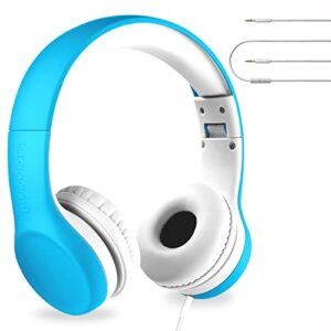 lilgadgets connect+ kids headphones wired with microphone, volume limiting for safe listening, adjustable headband, cushioned earpads for comfort, toddler headphones, blue