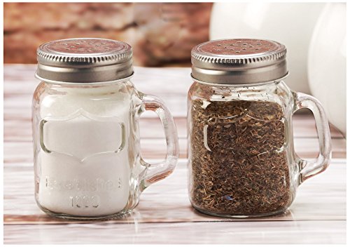 Circleware Glass Mini Mason Jar Mug Salt and Pepper Shakers with Handles & Metal Lids, Kitchen Glassware Preserving Containers, Perfect Himalayan Seasoning Spices, 2-Piece Set, 5 oz, Clear, Silver