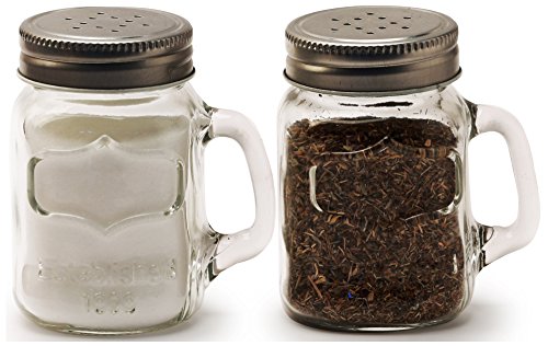 Circleware Glass Mini Mason Jar Mug Salt and Pepper Shakers with Handles & Metal Lids, Kitchen Glassware Preserving Containers, Perfect Himalayan Seasoning Spices, 2-Piece Set, 5 oz, Clear, Silver