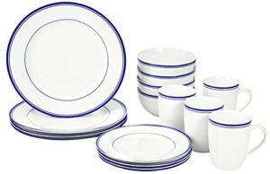 amazon basics 16-piece cafe stripe kitchen dinnerware set, plates, bowls, mugs, service for 4, blue