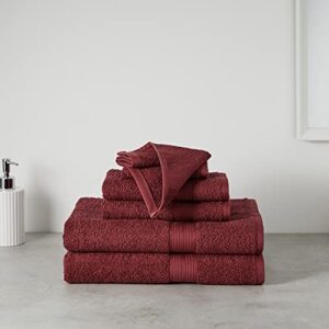 Amazon Basics 6-Piece Fade Resistant Bath towel, Hand and Washcloth Set - Crimson, 14.25" L x 10.85" W