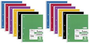 mead spiral notebook, 1 subject, 70 wide ruled sheets, assorted colors, 12 pack