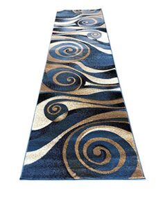 nikos modern wide runner area rug blue sculpture design 258 (32in.x7ft.)