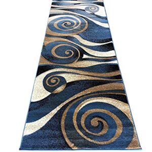 Nikos Modern Wide Runner Area Rug Blue Sculpture Design 258 (32in.X7ft.)