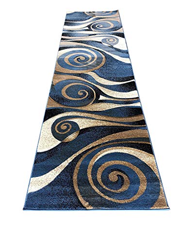 Nikos Modern Wide Runner Area Rug Blue Sculpture Design 258 (32in.X7ft.)