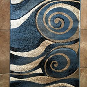 Nikos Modern Wide Runner Area Rug Blue Sculpture Design 258 (32in.X7ft.)