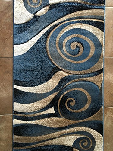 Nikos Modern Wide Runner Area Rug Blue Sculpture Design 258 (32in.X7ft.)