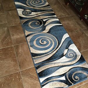 Nikos Modern Wide Runner Area Rug Blue Sculpture Design 258 (32in.X7ft.)