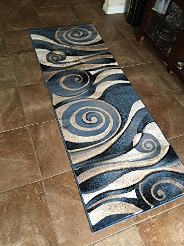 Nikos Modern Wide Runner Area Rug Blue Sculpture Design 258 (32in.X7ft.)