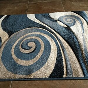 Nikos Modern Wide Runner Area Rug Blue Sculpture Design 258 (32in.X7ft.)