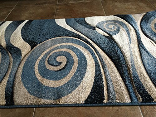 Nikos Modern Wide Runner Area Rug Blue Sculpture Design 258 (32in.X7ft.)