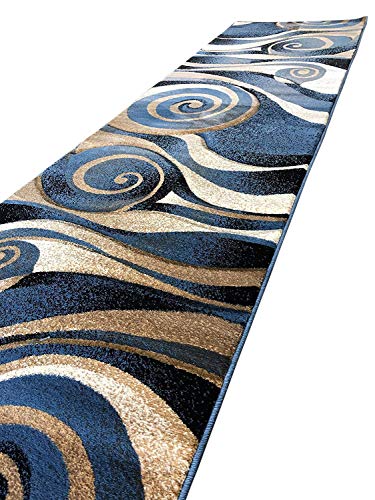 Nikos Modern Wide Runner Area Rug Blue Sculpture Design 258 (32in.X7ft.)