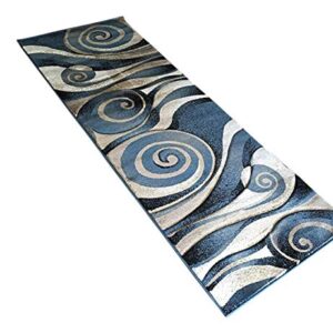 Nikos Modern Wide Runner Area Rug Blue Sculpture Design 258 (32in.X7ft.)