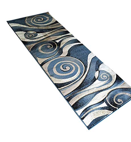 Nikos Modern Wide Runner Area Rug Blue Sculpture Design 258 (32in.X7ft.)