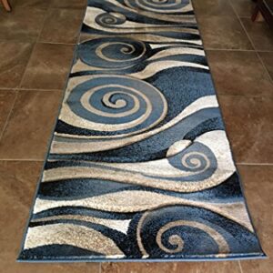 Nikos Modern Wide Runner Area Rug Blue Sculpture Design 258 (32in.X7ft.)