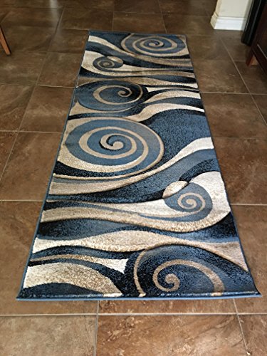 Nikos Modern Wide Runner Area Rug Blue Sculpture Design 258 (32in.X7ft.)