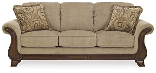 Signature Design by Ashley Lanett Traditional Faux Wood Detail Sofa with 2 Accent Pillows, Beige