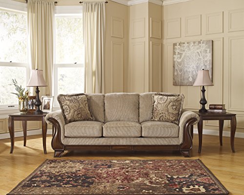 Signature Design by Ashley Lanett Traditional Faux Wood Detail Sofa with 2 Accent Pillows, Beige