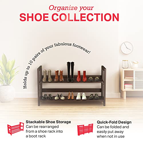 Stony Edge 2 Tier Stackable Wooden Shoe Rack for Closet, Compact Shoe Organizer for Entryway and Hallway, Small & Foldable, No assembly Shoe Shelves