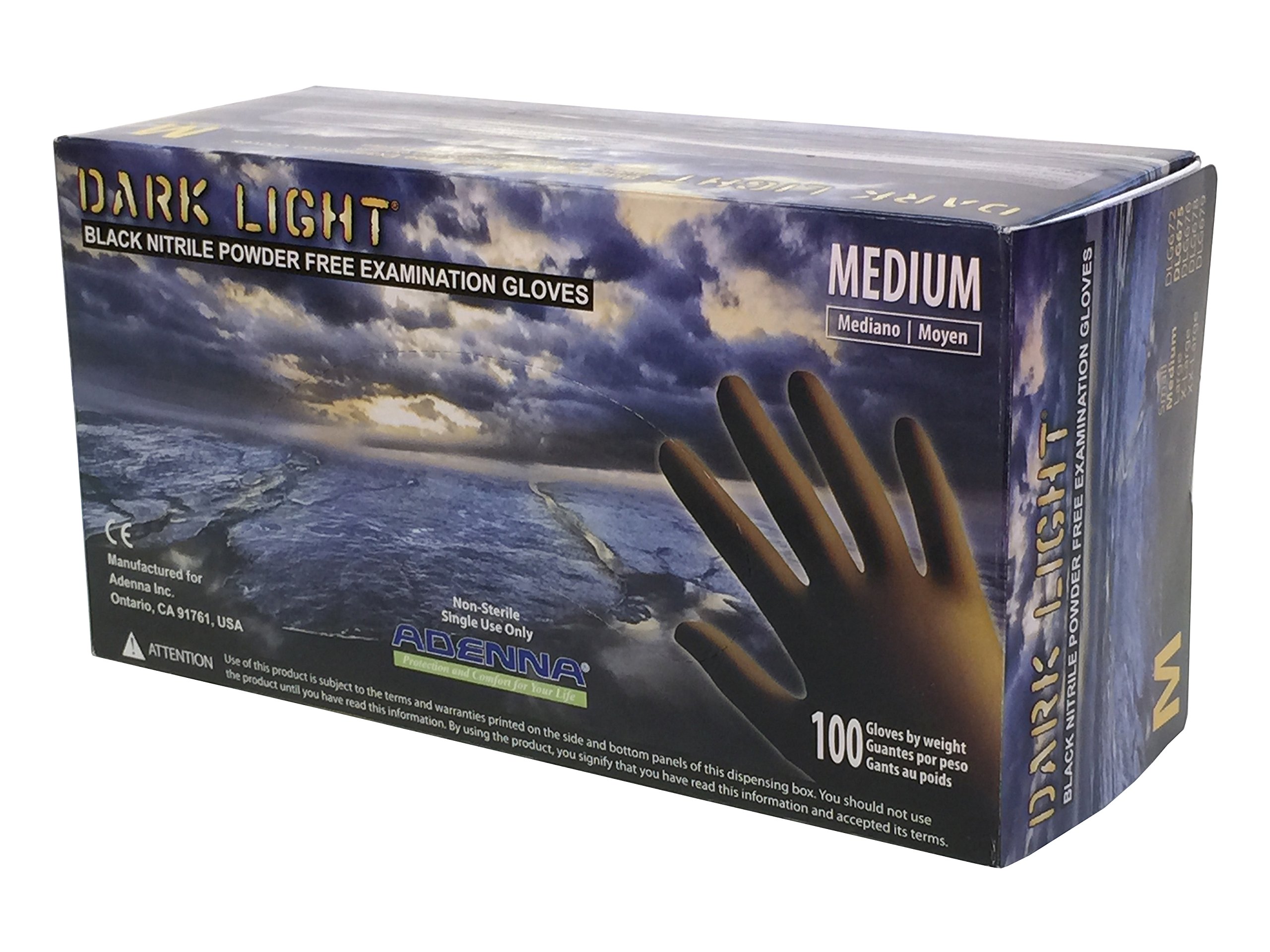 Adenna DLG675 Dark Light 9 mil Nitrile Powder Free Exam Gloves (Black, Medium) Box of 100