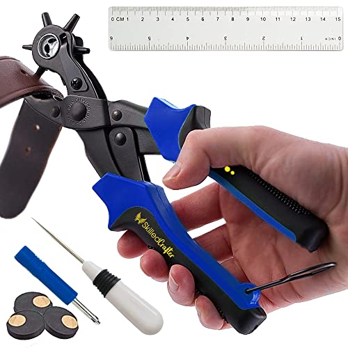 Leather Hole Punch & Belt Hole Puncher Easily Punches Perfect Round Holes. Bonus Ruler & Awl Tool. Leather Punch Tool for Watch or Bag Strap, Fabric, Eyelet - Precision Crafting & Professional Results