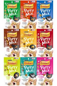 friskies party mix crunch variety pack (9 flavors) - wild west, morning munch, mixed grill, picnic, beachside, cheezy craze, original, california dreamin', and meow luau