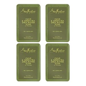 sheamoisture shea butter bar soap, olive & green tea, essential oils, skin care routine, olive oil soap bar for face & body, avocado oil, rich in vitamin e, sensitive dry skin (4 pack - 8 oz ea) 