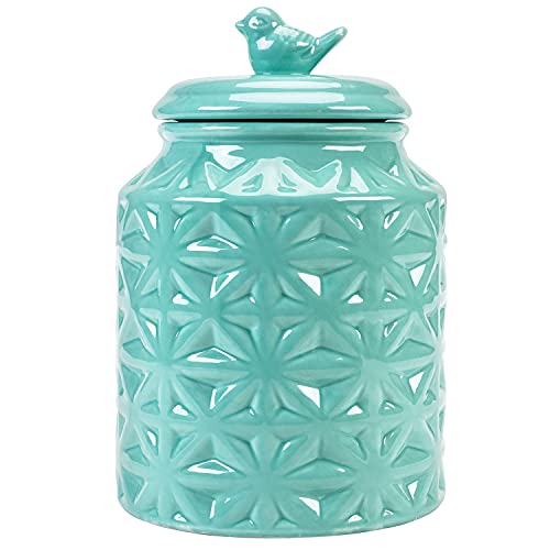 MyGift Vintage Turquoise Ceramic Kitchen Jar with Lid, Cookie Jar Storage Containers Airtight with Embossed Star and Bird Design