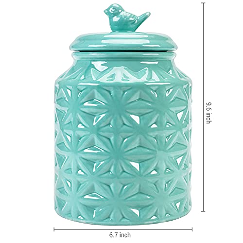 MyGift Vintage Turquoise Ceramic Kitchen Jar with Lid, Cookie Jar Storage Containers Airtight with Embossed Star and Bird Design