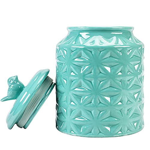 MyGift Vintage Turquoise Ceramic Kitchen Jar with Lid, Cookie Jar Storage Containers Airtight with Embossed Star and Bird Design