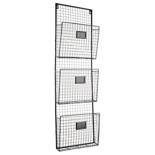 Designstyles Three Tier Wall File Holder – Durable Black Metal Rack with Spacious Slots for Easy Organization, Mounts on Wall and Door for Office, Home, and Work