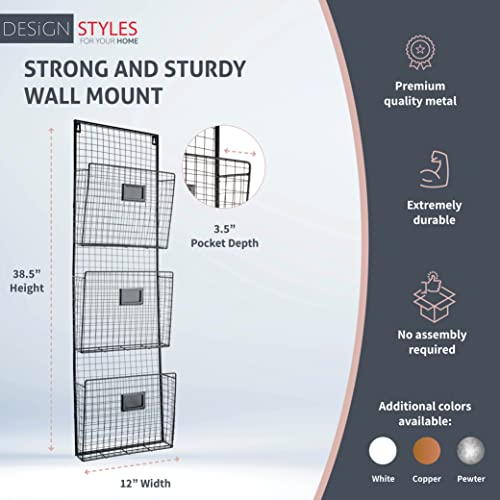 Designstyles Three Tier Wall File Holder – Durable Black Metal Rack with Spacious Slots for Easy Organization, Mounts on Wall and Door for Office, Home, and Work