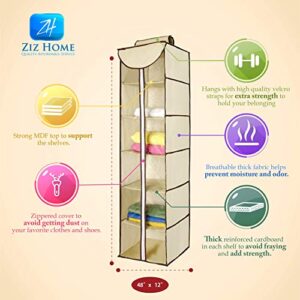 Ziz Home Hanging Closet Organizer with Zipper | 6 Shelves 12”x 12” 48" Closet Organizers and Storage Hanging Sweater Organizer for Closet Storage Hanging Clothes Sweater Shoe Storage Shelf