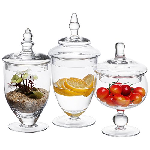 MyGift Clear Glass Small Apothecary Jars with Lids, Wedding Centerpiece, Candy Storage Canisters, 3 Piece Set